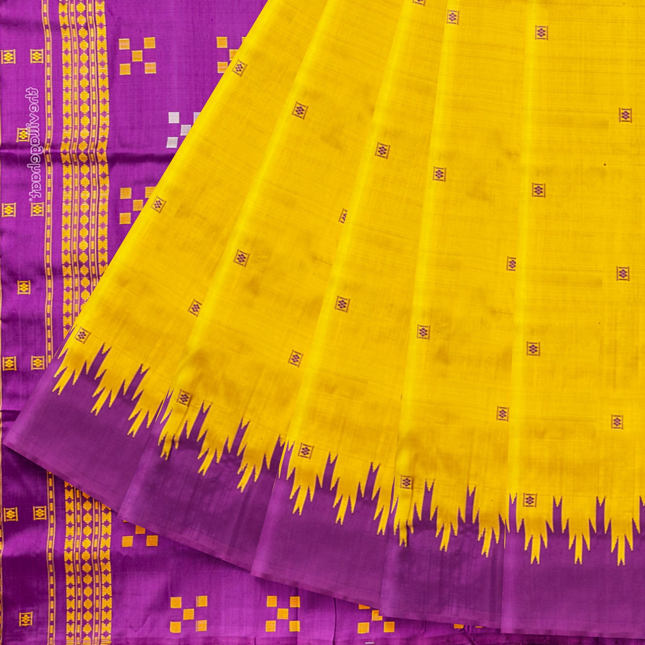 Brahampur Silk Pato Sari Mustard Yellow and Purple Color