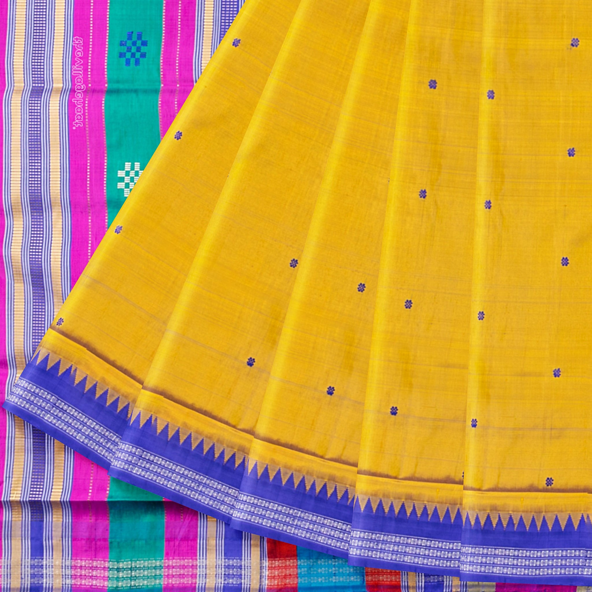 Haldi Basant Brahampuri Pata Saree Yellow and Blue Color